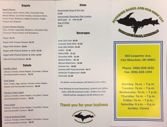 Menu at Superior Bagel & Sub Shop LLC. restaurant, Iron Mountain