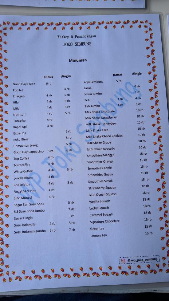 Menu at Cafe Aroma, Siraman