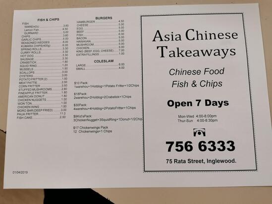 Menu at Asia Chinese Takeaways restaurant, Inglewood