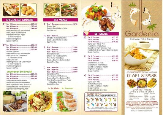 Menu at Gardenia fast food, Tiptree
