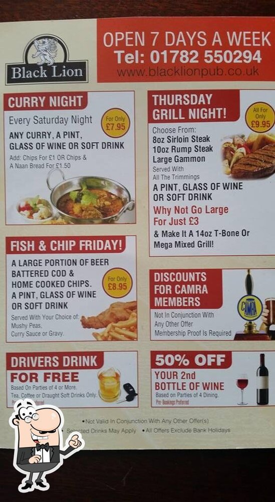 Menu at Black Lion Inn pub & bar, Cheddleton, Consall Forge