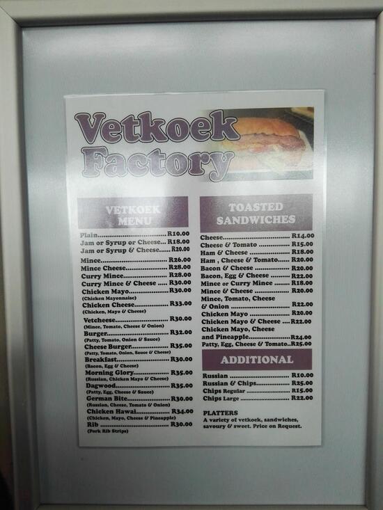 Menu at Vetkoek Factory, Bloemfontein