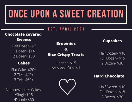 Menu at Once Upon A Sweet Creation Bakery, Burnham