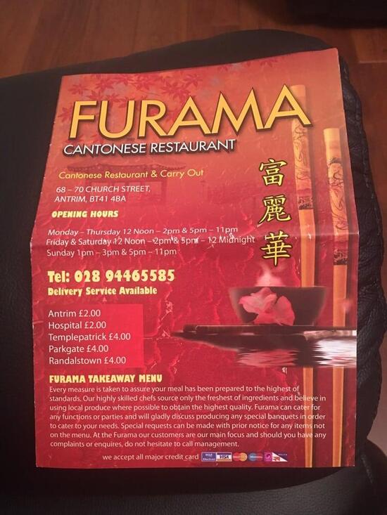 Menu at New Furama restaurant, Antrim