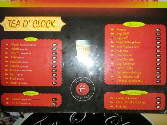 Menu at Tea O' Clock, Bengaluru, C V Raman Nagar