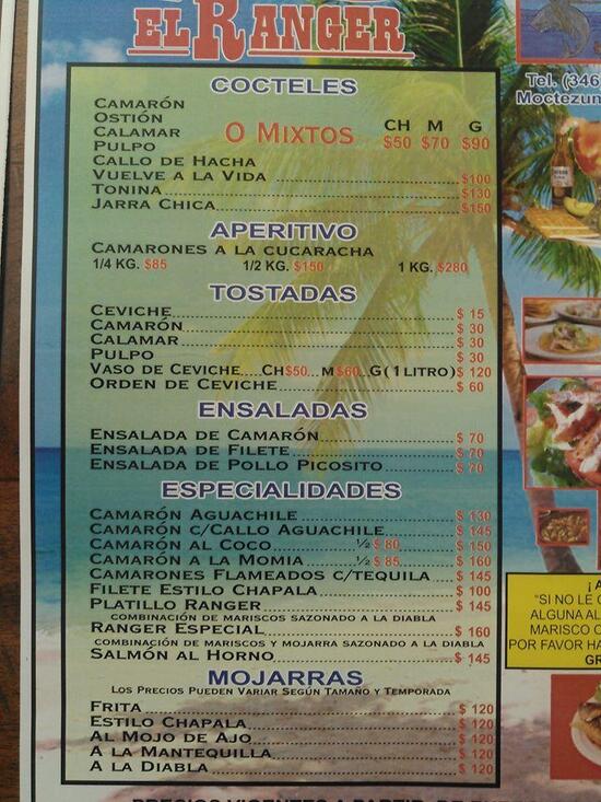 Menu at Pescados y Mariscos El Ranger restaurant, Moctezuma
