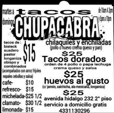 Menu at Los Chupacabra restaurant, Sombrerete