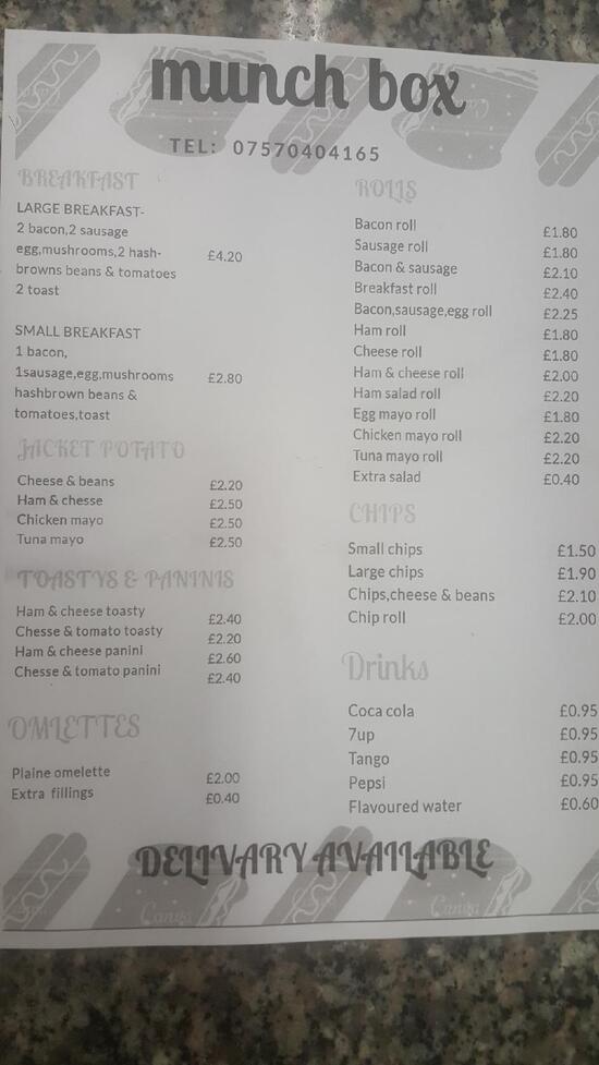 Menu at Munch box, Tredegar