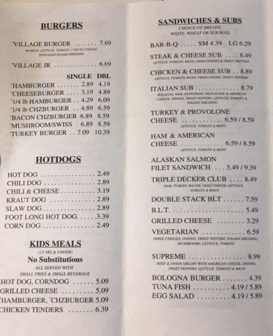 Menu at The Village Grill restaurant, Chester