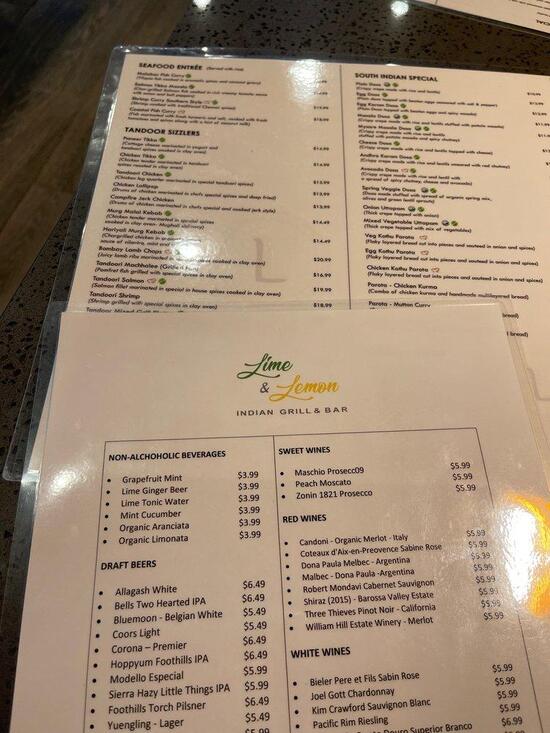 Menu at Lime & Lemon Indian Grill & Bar - Raleigh, Raleigh