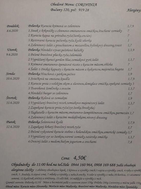Menu at Corinthia restaurant, Bučany