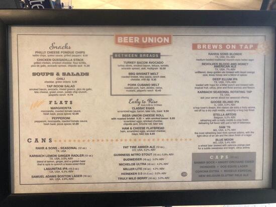 Menu at Beer Union pub & bar, Grapevine, Aviation Dr