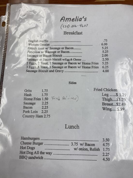 Menu at Amelia’s Diner restaurant, Buffalo Junction