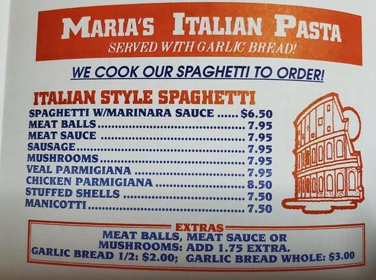 Menu at Maria's Carry Out pizzeria, Sparrows Point