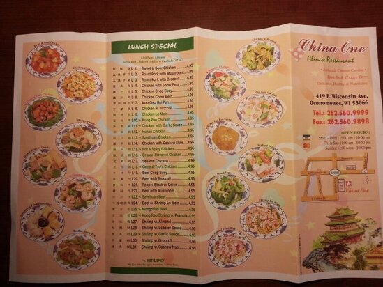 Menu at China One restaurant, Oconomowoc