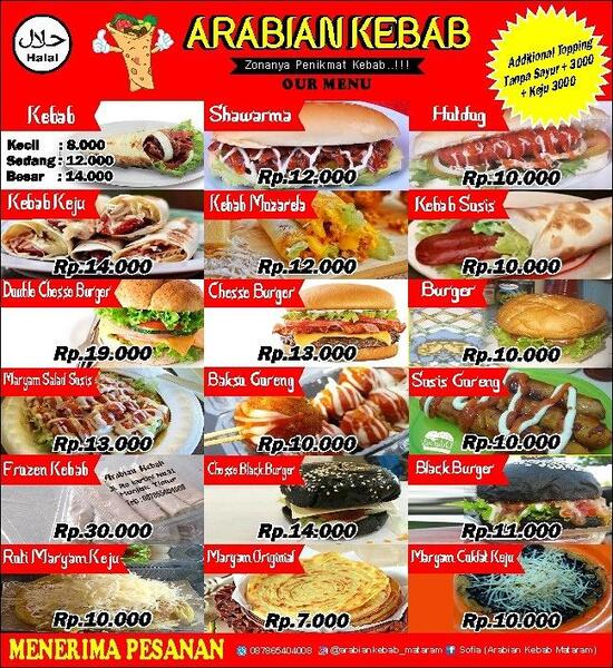 Carta del café Arabian Kebab 2, Mataram, Jl. Swadaya No.7