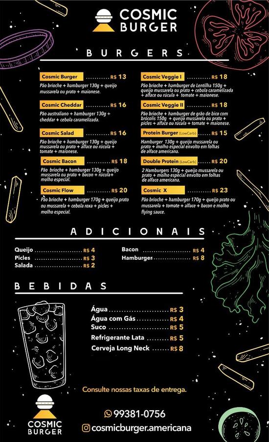 Menu at Cosmic Burger restaurant, Americana