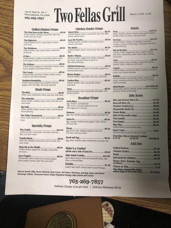 Menu at Two Fellas Grill restaurant, West Lafayette