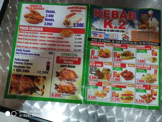 Menu at Kebab K2 SAN SEBASTIÁN DE LOS REYES restaurant, San Sebastián ...