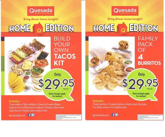 Menu at Quesada Burritos & Tacos restaurant, Niagara Falls, Portage Rd