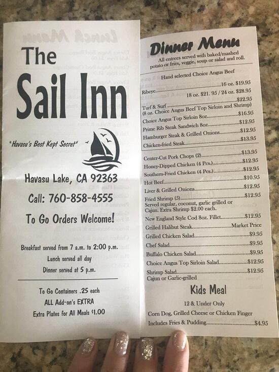 Menu at Sail Inn pub & bar, Havasu Lake