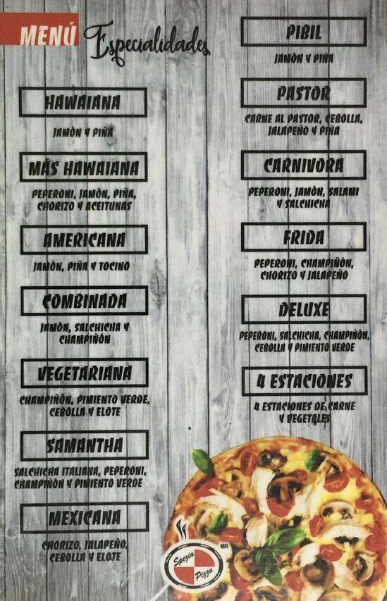 Menu at Spezia Pizza restaurant, San Agustín