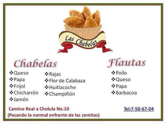 Carta del restaurante Las Chabelas, Heroica Puebla del Zaragoza