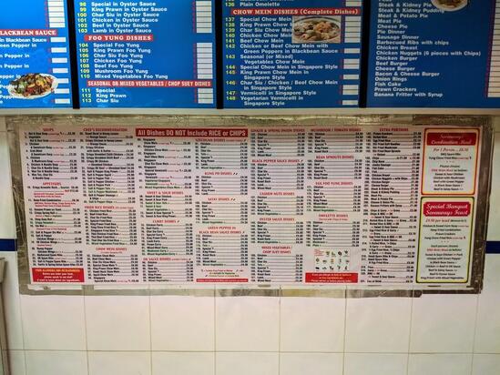 Menu at Sevenways fast food, Manchester