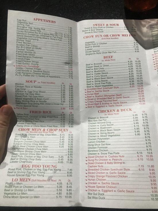 Menu at China Moon restaurant, Palisades Park