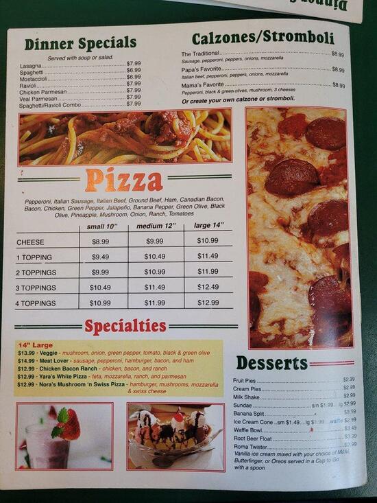 Menu at Pizza Roma pizzeria, Fisher