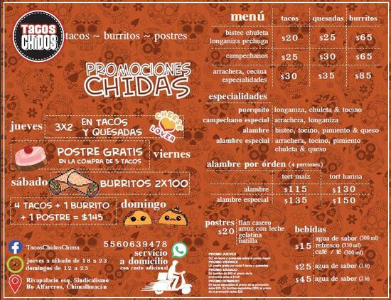 Menu at Tacos Chidos restaurant, Chimalhuacan