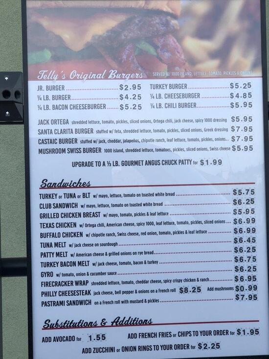 Menu at Telly's Charburgers pub & bar, Santa Clarita, Plum Canyon Rd
