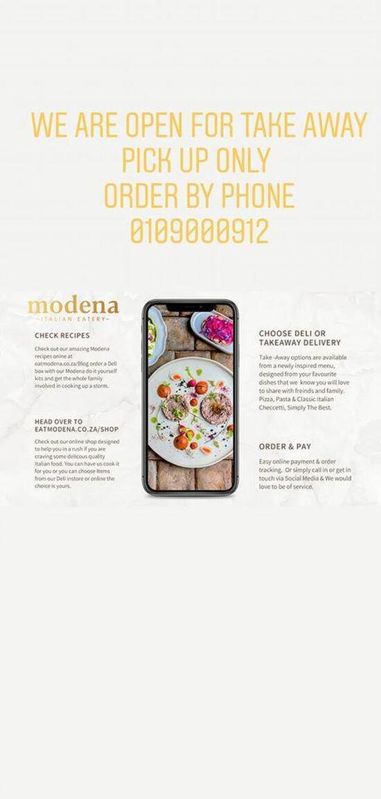 Menu at Modena Italian Eatery restaurant, Johannesburg