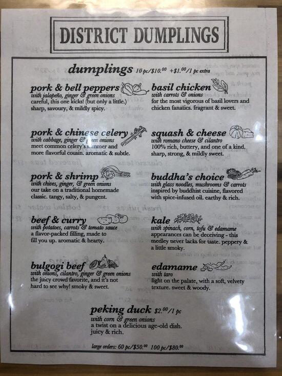Menu at District Dumplings restaurant, Merrifield