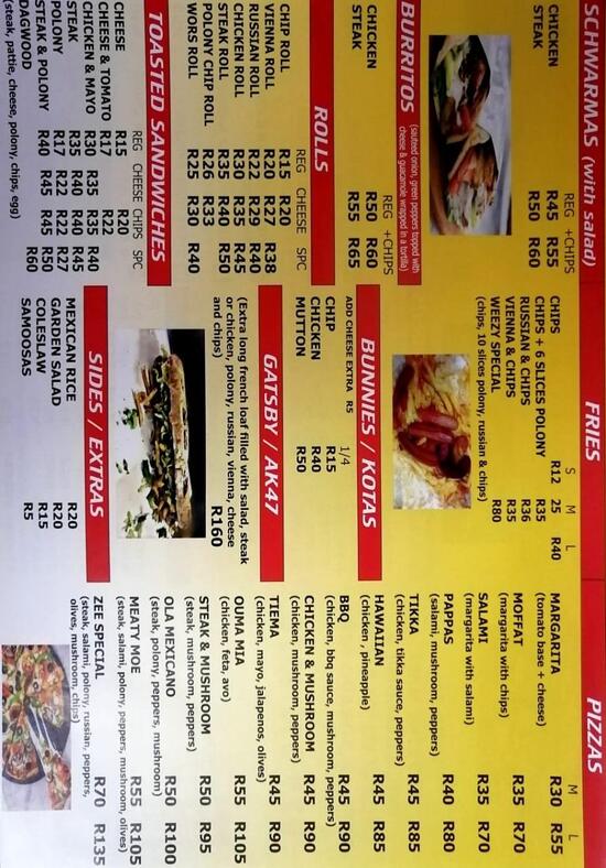 Menu at Ola Mexicanos restaurant, Lenasia