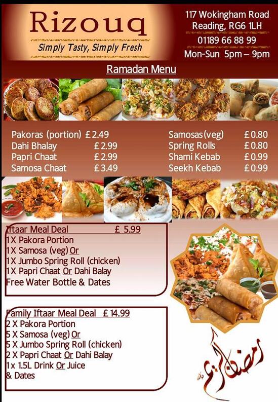Menu at Rizouq restaurant, Reading