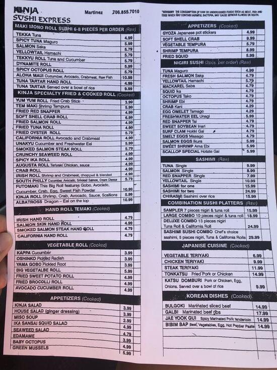 Menu at Kinja Sushi Express restaurant, Augusta