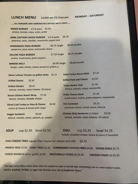 Menu at Miners' Cafe, Calumet Township