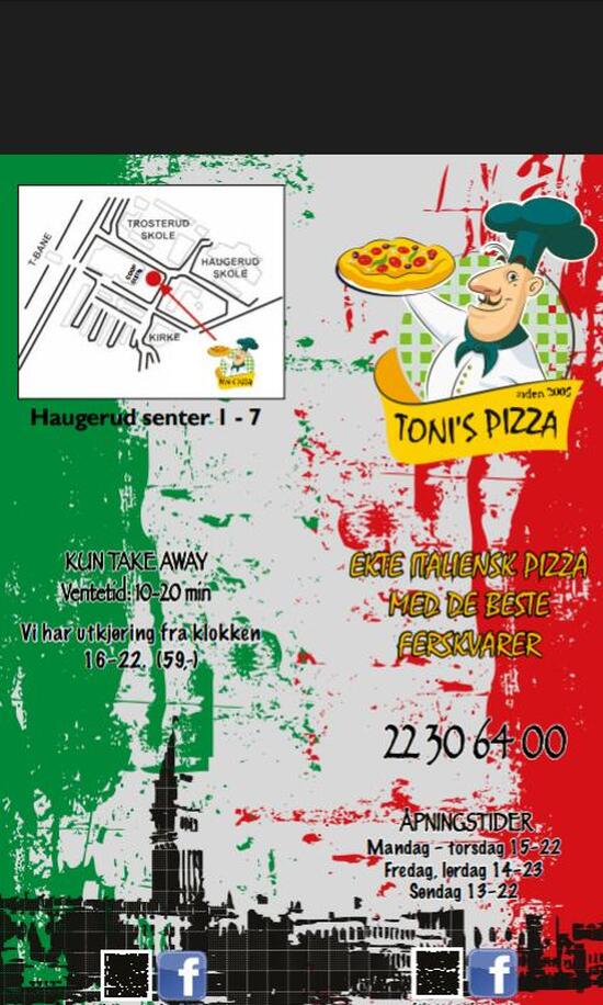 Menu at Toni's Pizza restaurant, Oslo, Haugerudsentret 1