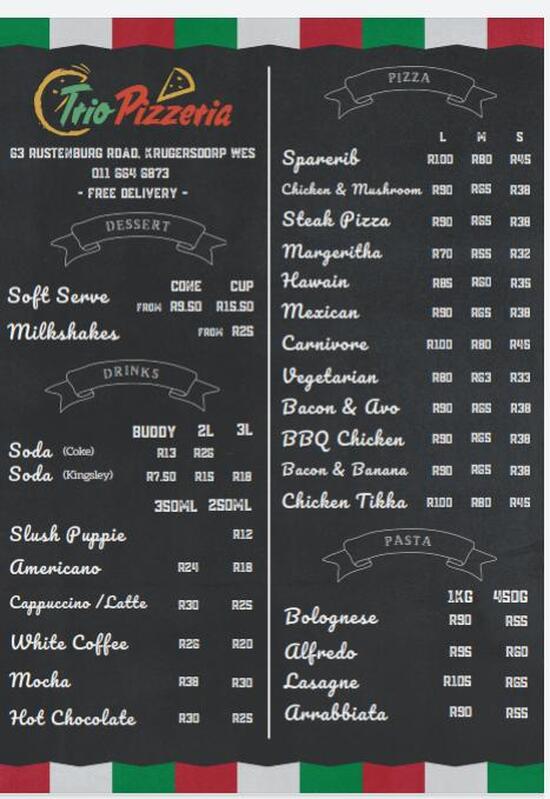 Speisekarte von Trio Pizzeria, Krugersdorp