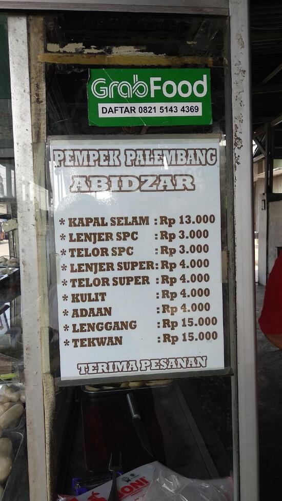 Menu at Pempek Palembang Abidzar restaurant, Pasir Nangka