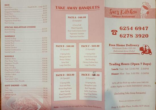 Menu at Sue's Kitchen restaurant, Scullin
