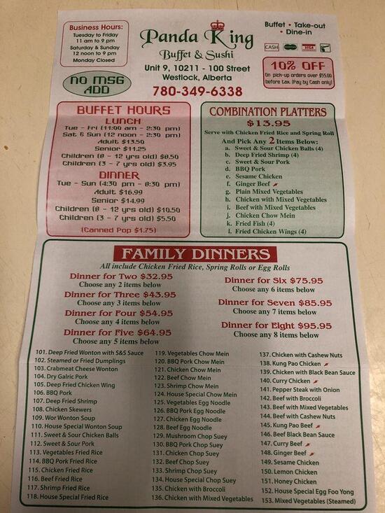 Menu at Panda King Buffet & Sushi restaurant, Westlock