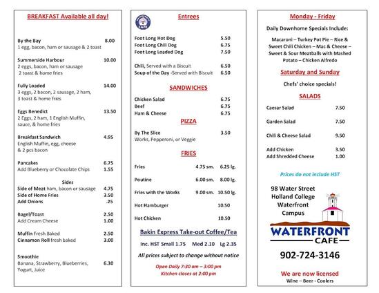 Menu at Summerside Waterfront Cafe, Summerside