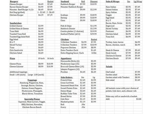 Menu at Tom's Mini Mart restaurant, Machias