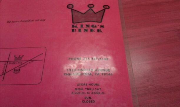 Menu at Kings Diner restaurant, Philadelphia