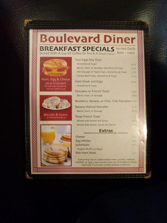 Menu at Boulevard Diner restaurant, Scranton