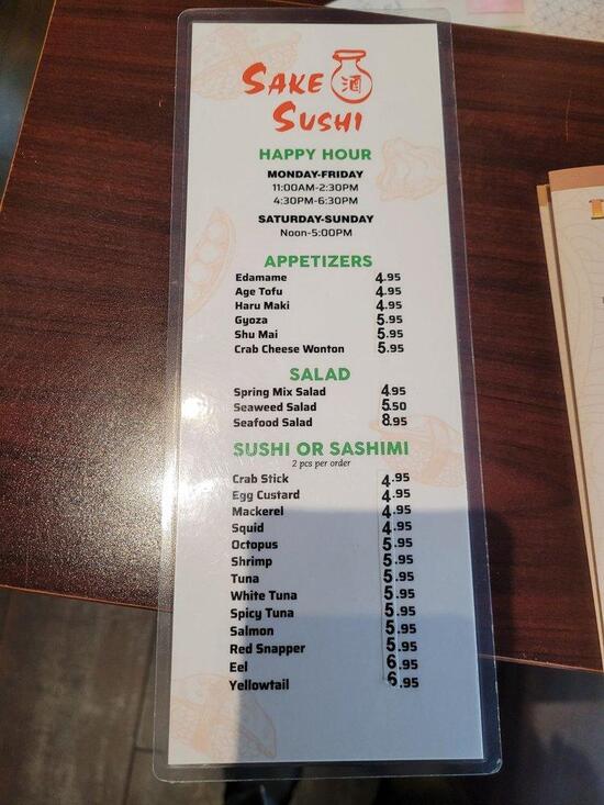 Menu at Sake Sushi restaurant, Chaska