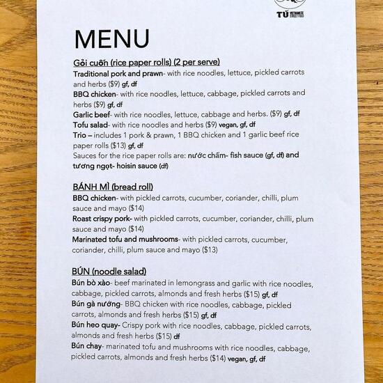 Menu at Tu Vietnamese Street Food restaurant, Myrtleford