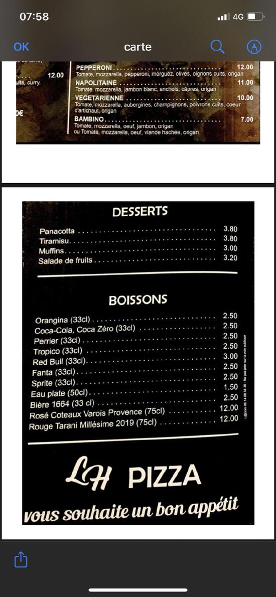 Menu at LH PIZZA restaurant, Le Havre